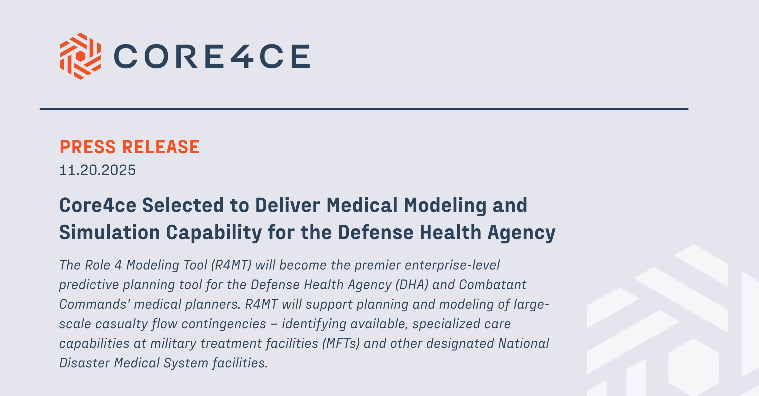 Core4ce Selected to Deliver Medical Modeling and Simulation Capability ...